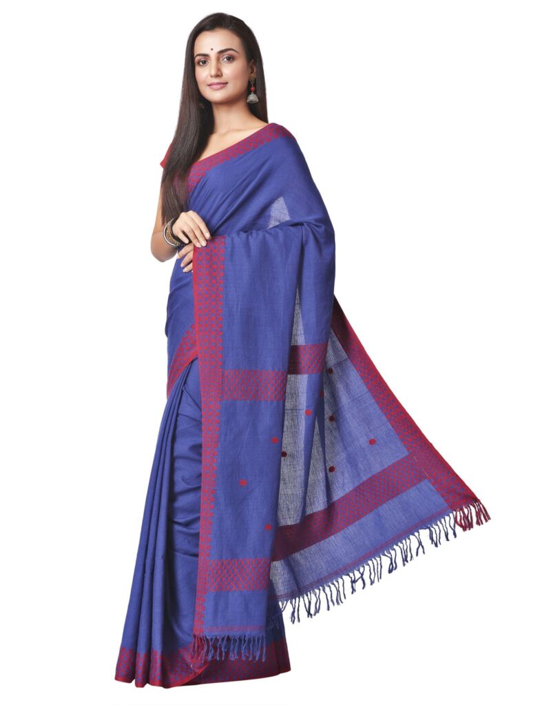 Dokhna Saree in Indigo with Red border - Biswa Bangla