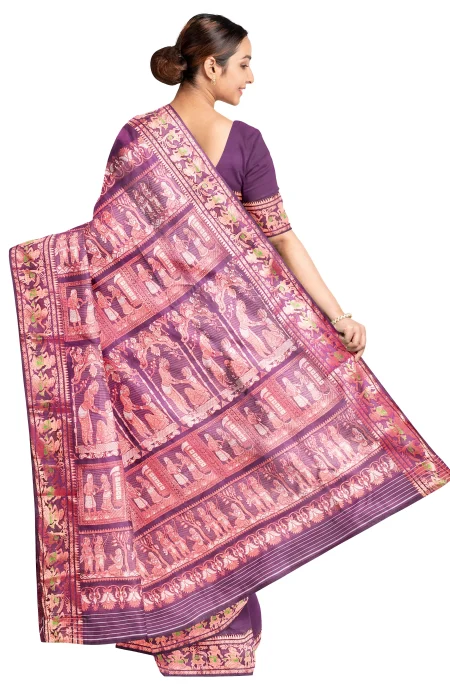 Baluchari Silk Saree with Mina Work - Purple - Biswa Bangla